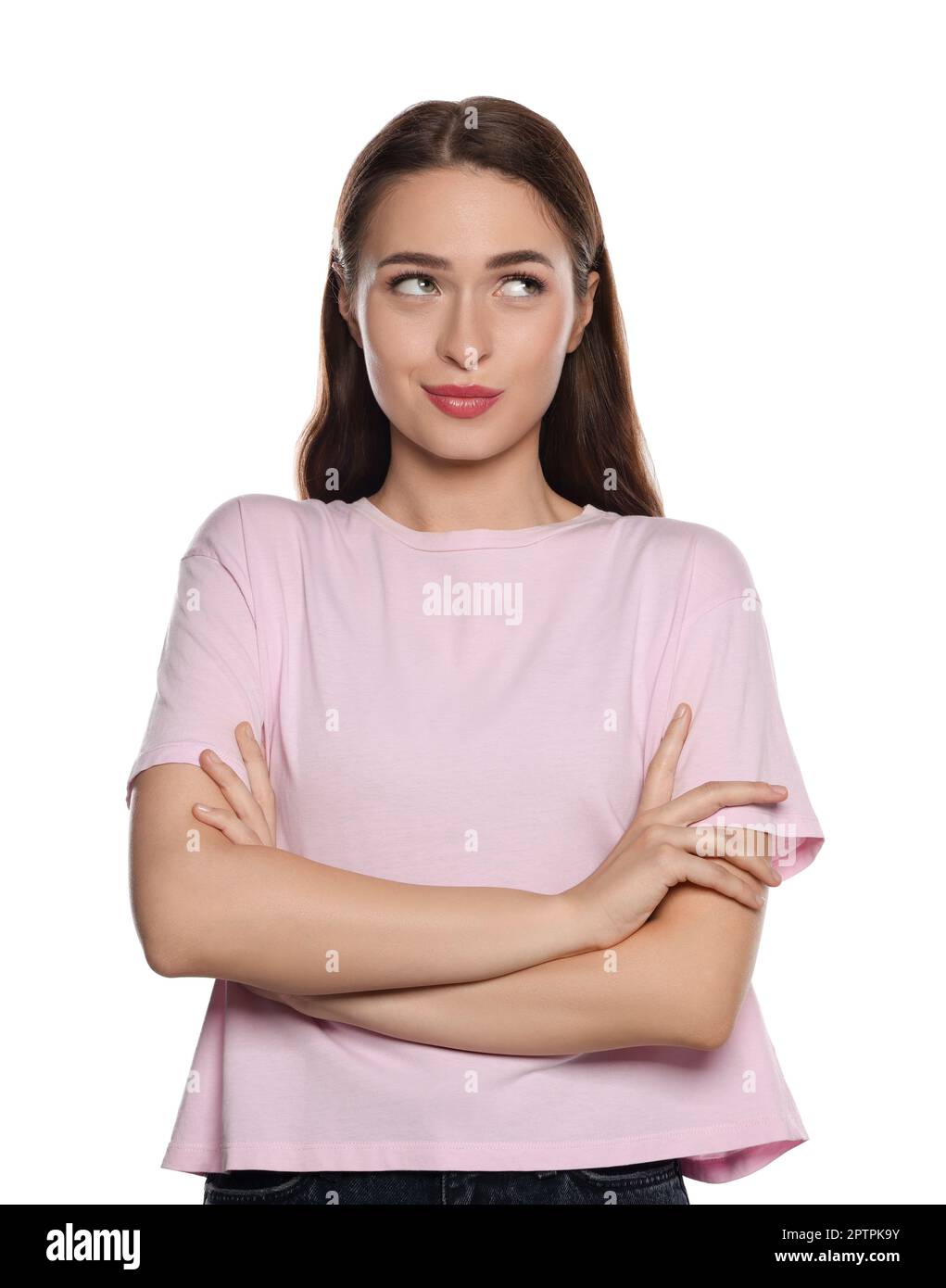 Embarrassed young woman in shirt on white background Stock Photo - Alamy