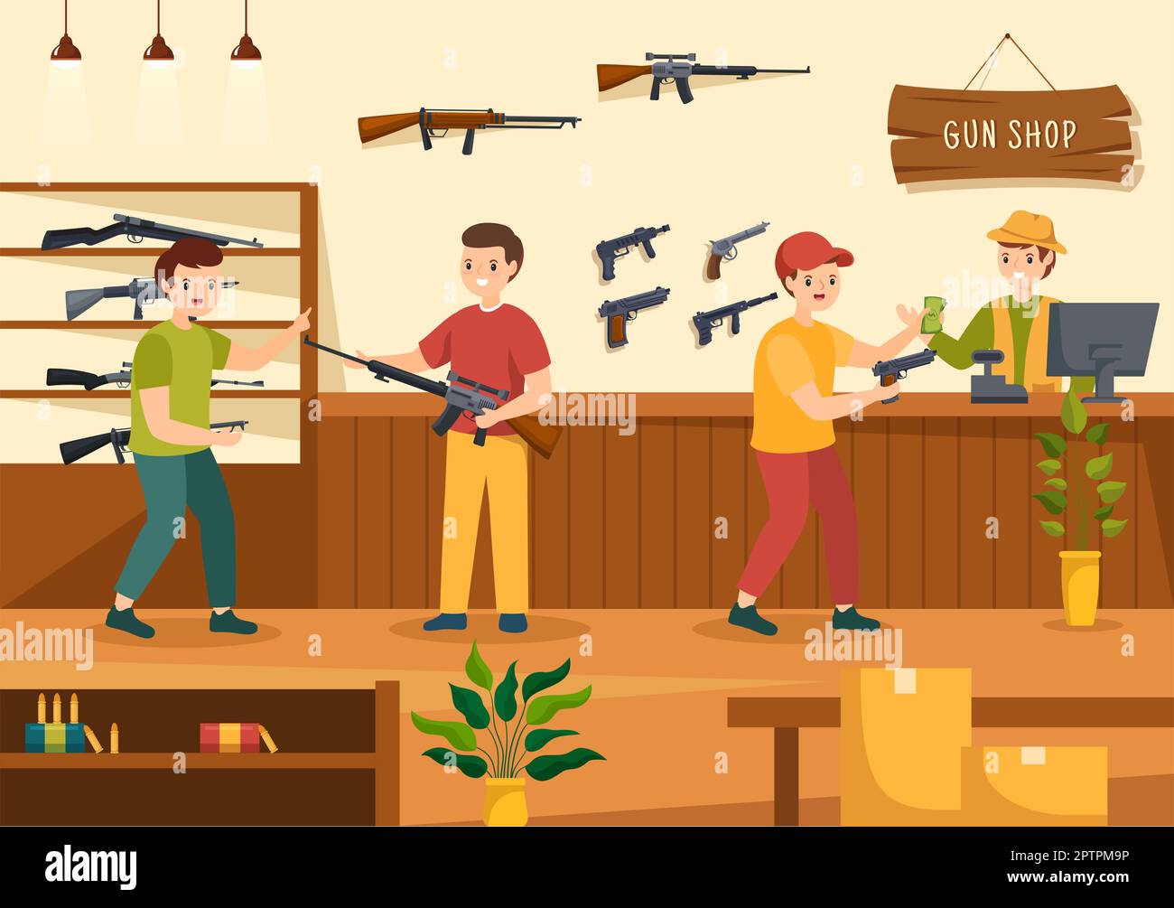 Gun Shop or Hunting with Rifle, Bullet, Weapon and Hunt Equipment in ...