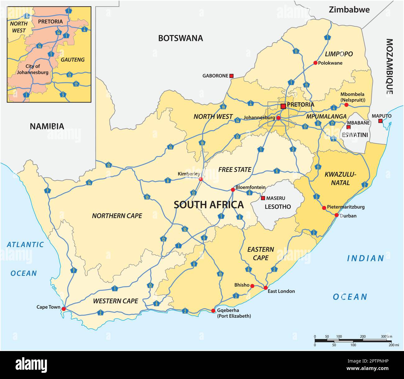 Vector map of national roads in South Africa with labels Stock Vector ...