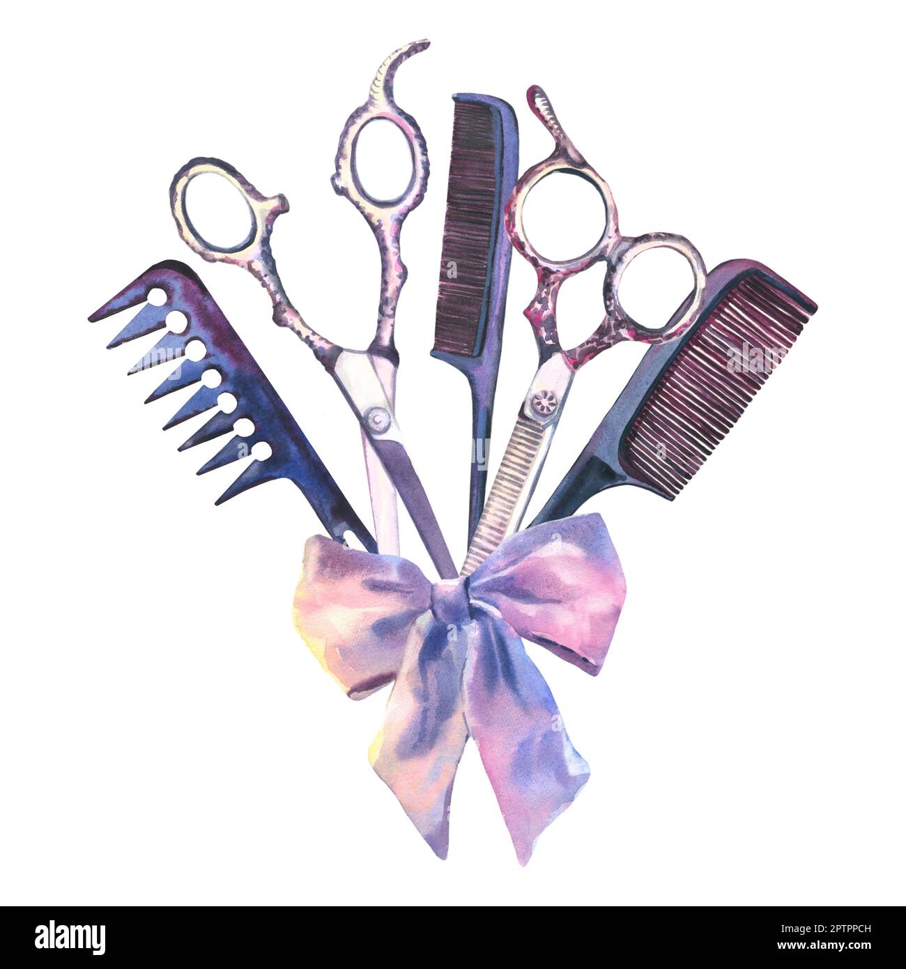 Watercolor Hairdressing illustration. Barber shop set with scissors ...