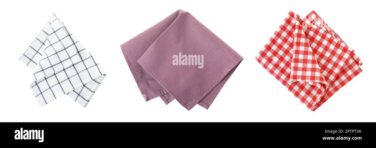 Set with different fabric napkins on white background. Banner design ...