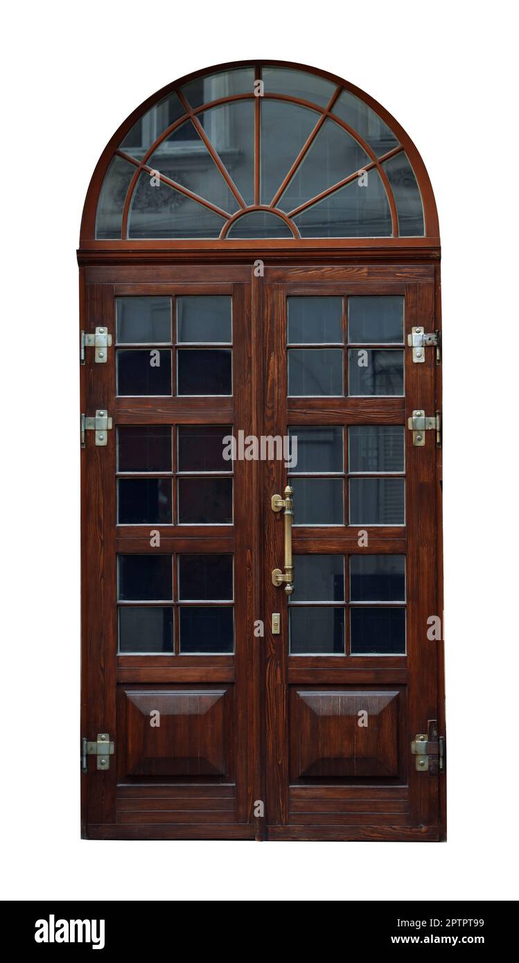 Beautiful old-fashioned wooden door and transom window isolated on ...