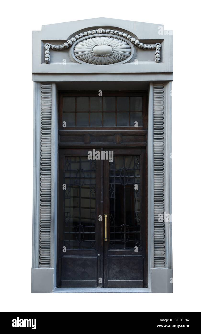 Beautiful old-fashioned wooden door and transom window isolated on ...