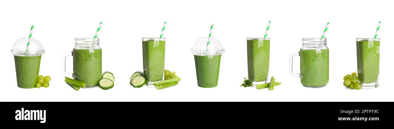 Set with different tasty smoothies on white background. Banner design ...