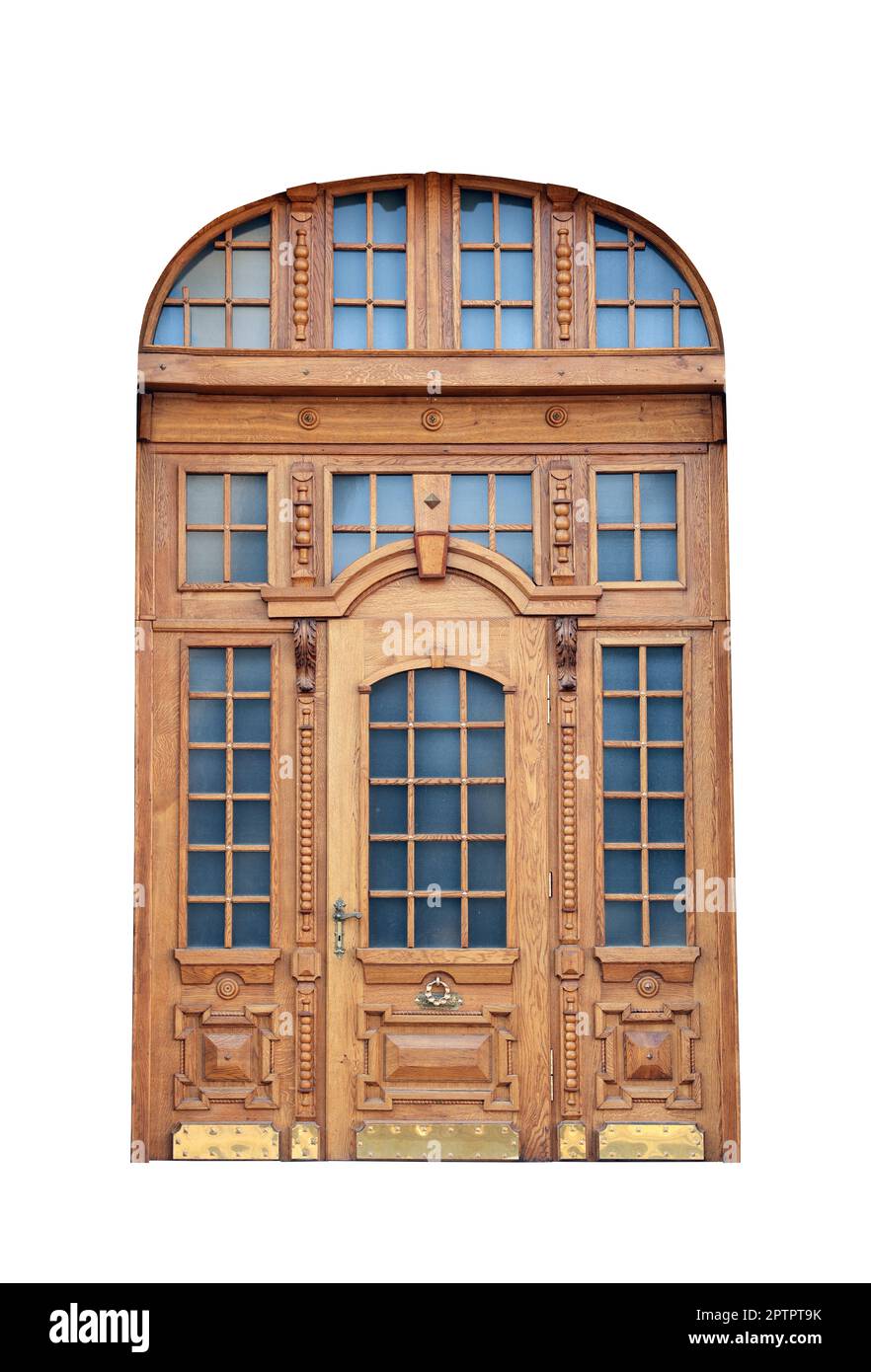 Beautiful old-fashioned wooden door and transom window isolated on ...