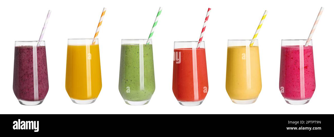 Set with different tasty smoothies on white background. Banner design ...