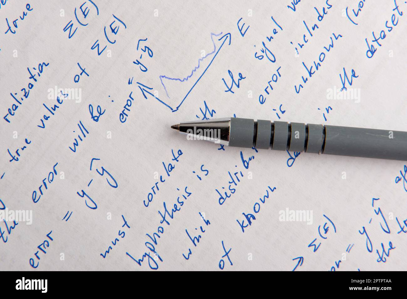 Paper with written mathematical calculations and pen, top view Stock ...