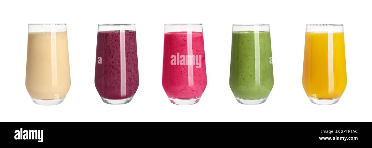Set with different tasty smoothies on white background. Banner design ...