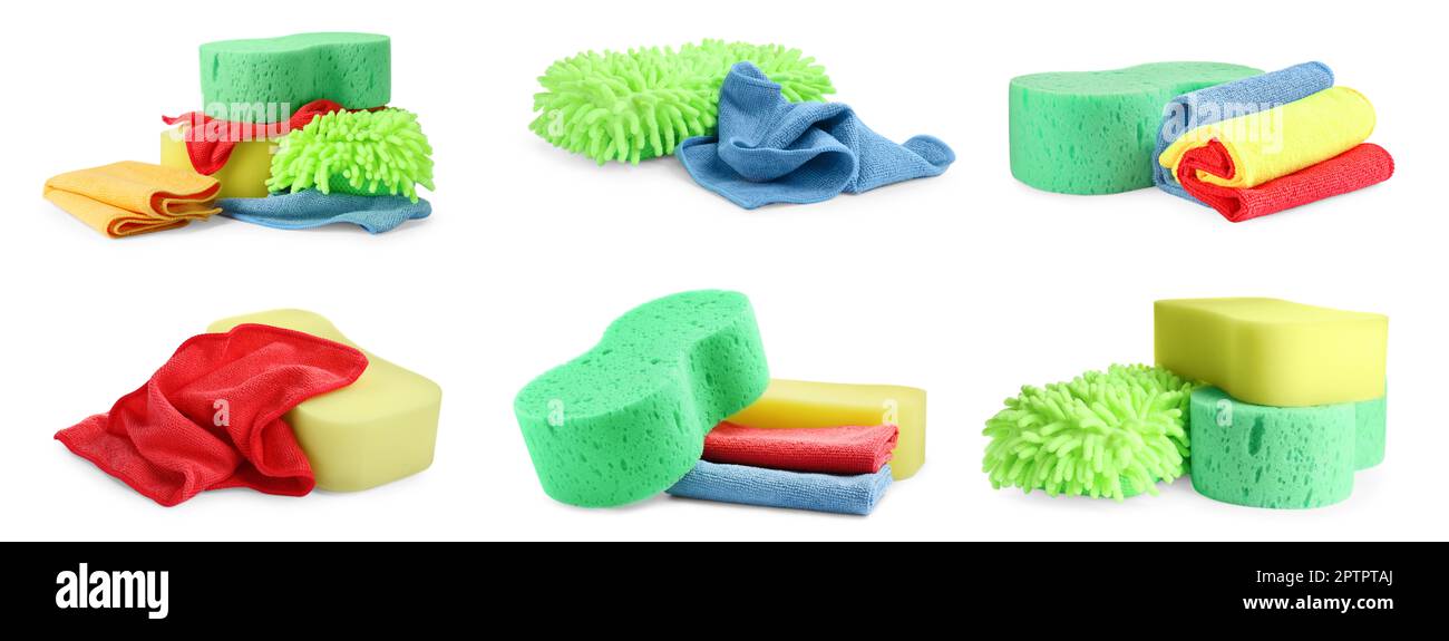 Set with sponges and rags on white background. Car products Stock Photo ...