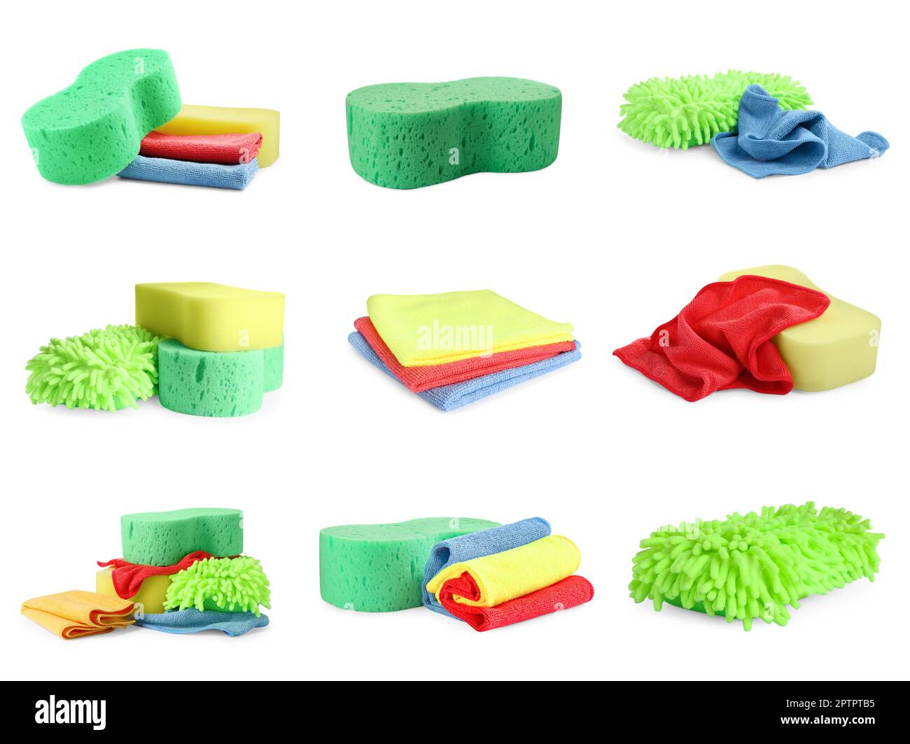 Set with sponges and rags on white background. Car products Stock Photo ...