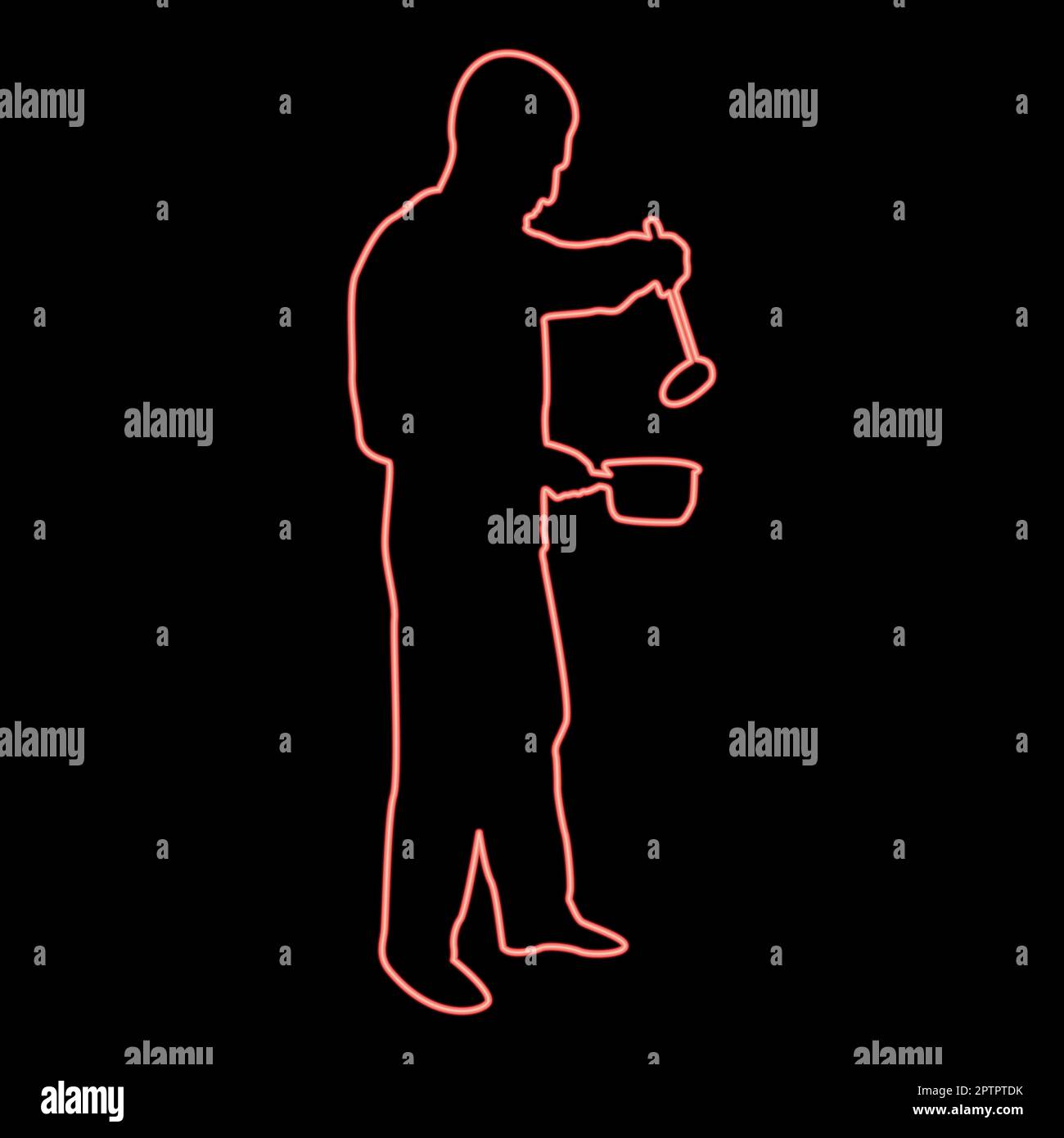 Neon man with saucepan scoop ladle Kitchen utensil Crack for soup in ...