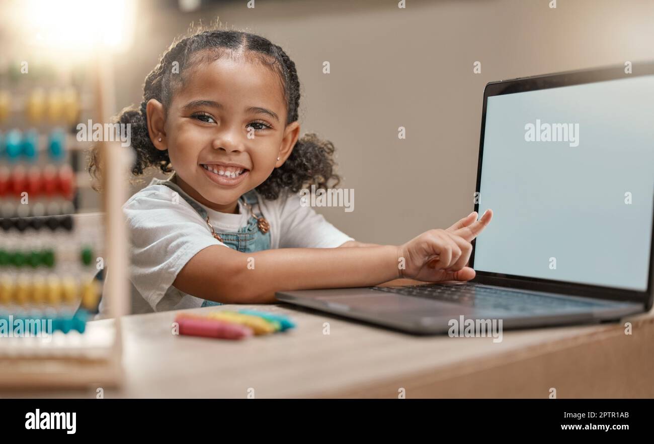 Mockup laptop, e learning portrait and child pointing at digital mock ...