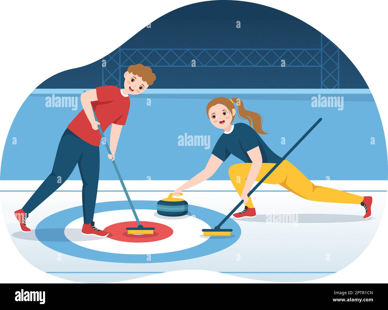 Curling Sport Illustration with Team Playing Game of Rocks and Broom in ...