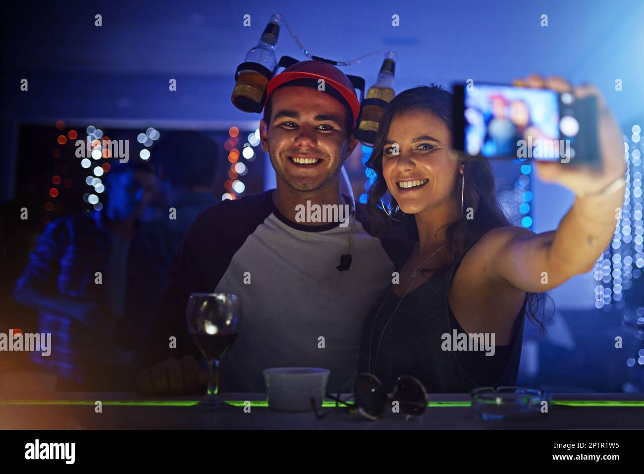 Friends, night club and smile for phone selfie, celebration or social ...