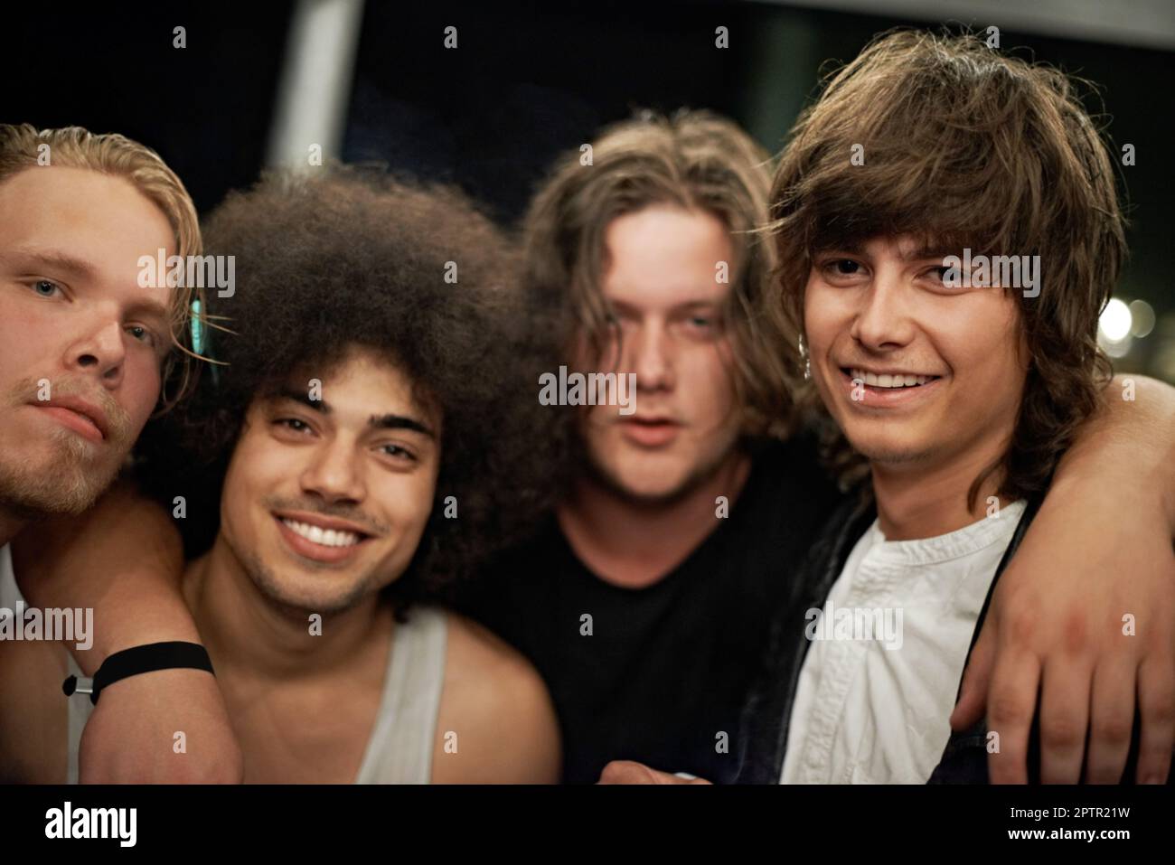 Friends, party and man portrait together at a rock show after band dj ...