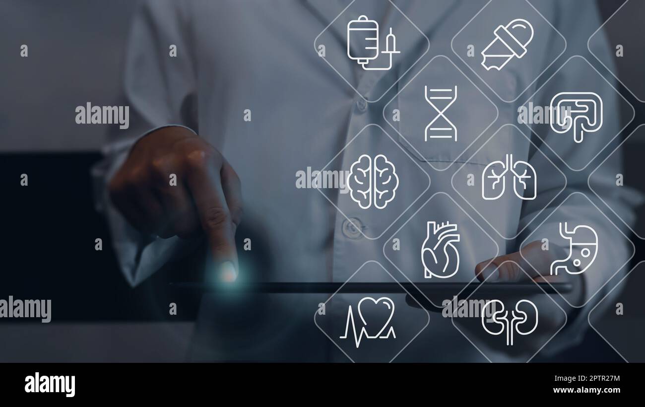 Choose treatment closeup concept image with white glyph icons. Medical ...