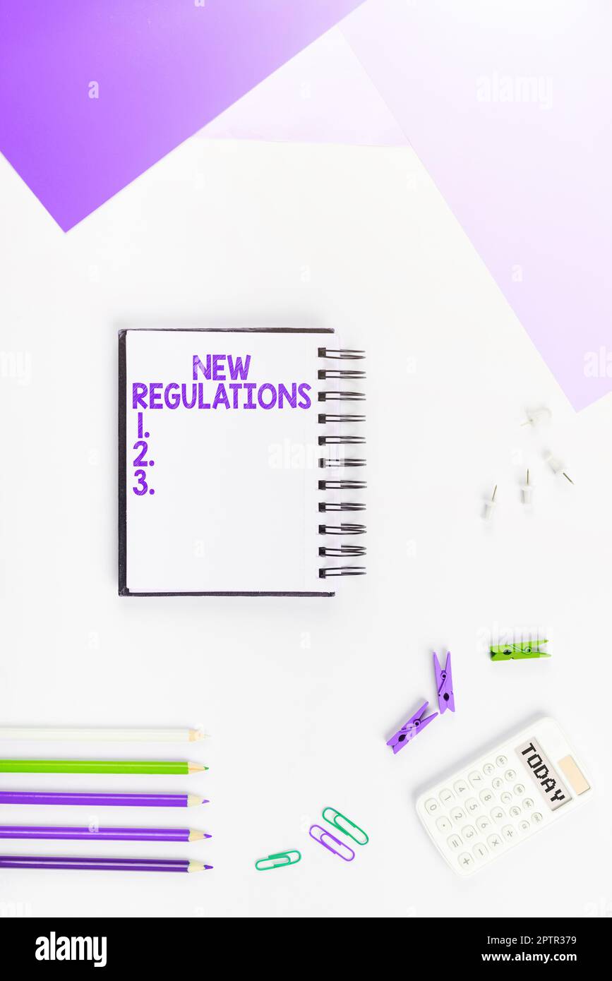 Text sign showing New Regulations, Business overview Regulation ...