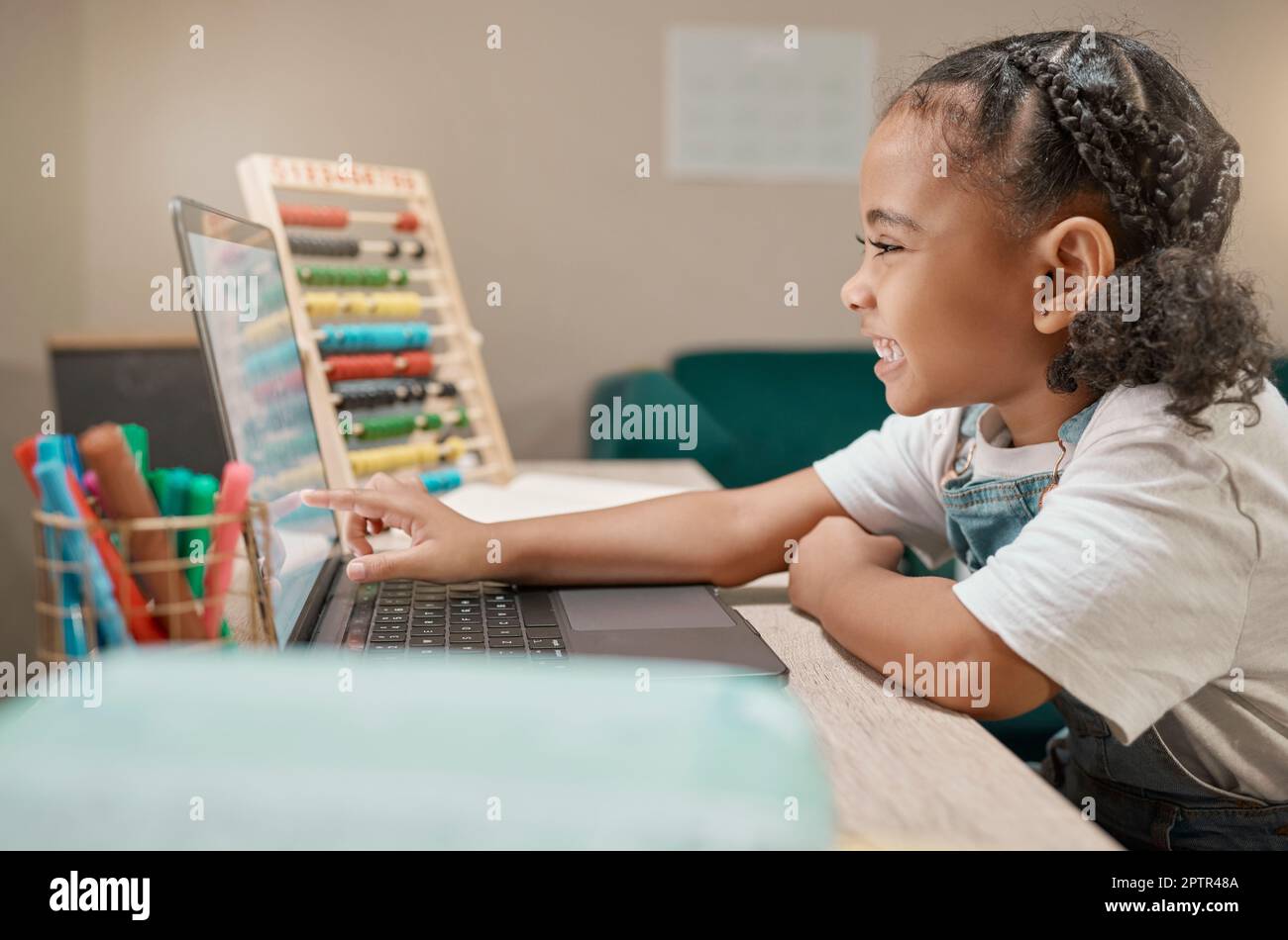 Home learning, online education and girl with happiness studying math ...