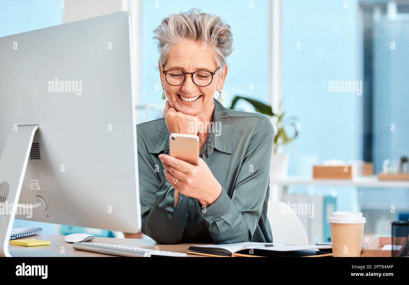 Phone, happy or business woman on social media smiles at funny meme or ...