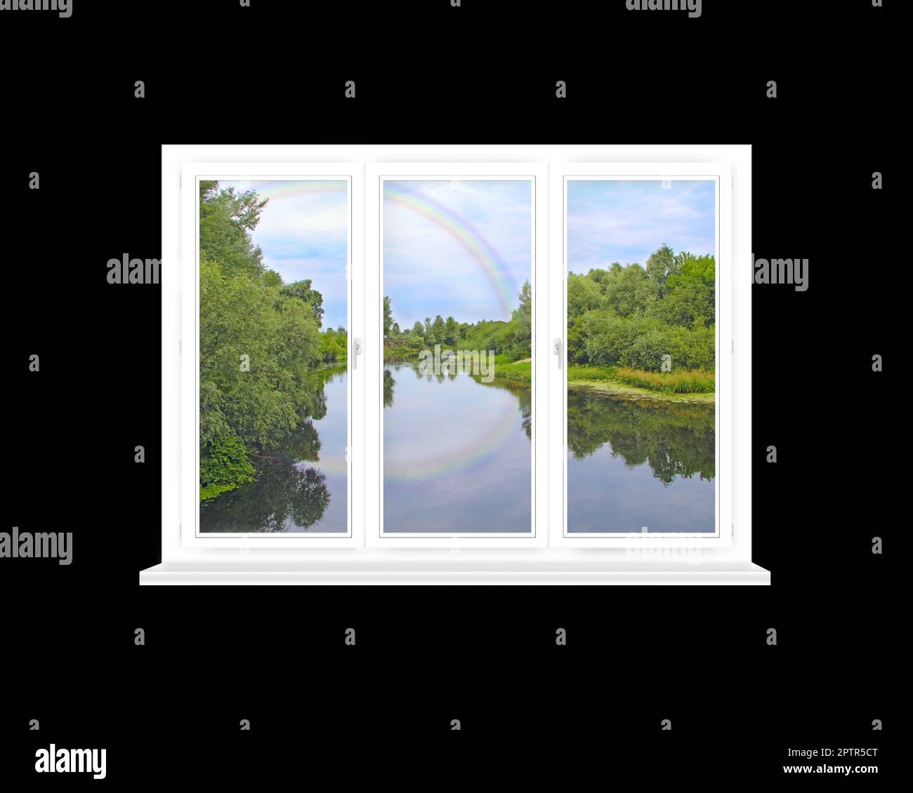 Room with big window with panoramic view to beautiful river. Landscape ...