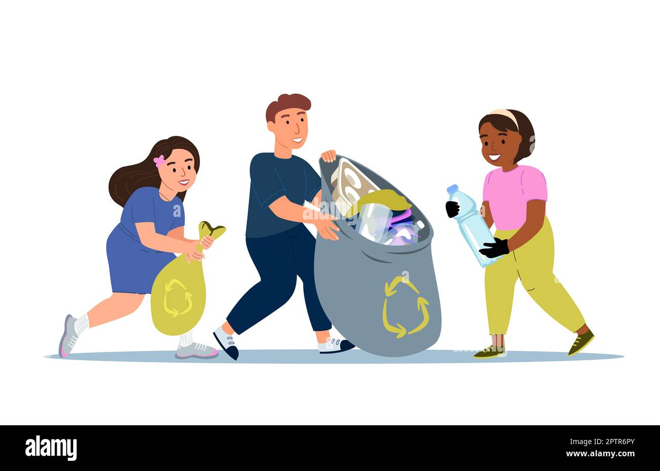 Kids Pull Garbage Sack. Save the Planet. Children Characters Cleaning ...