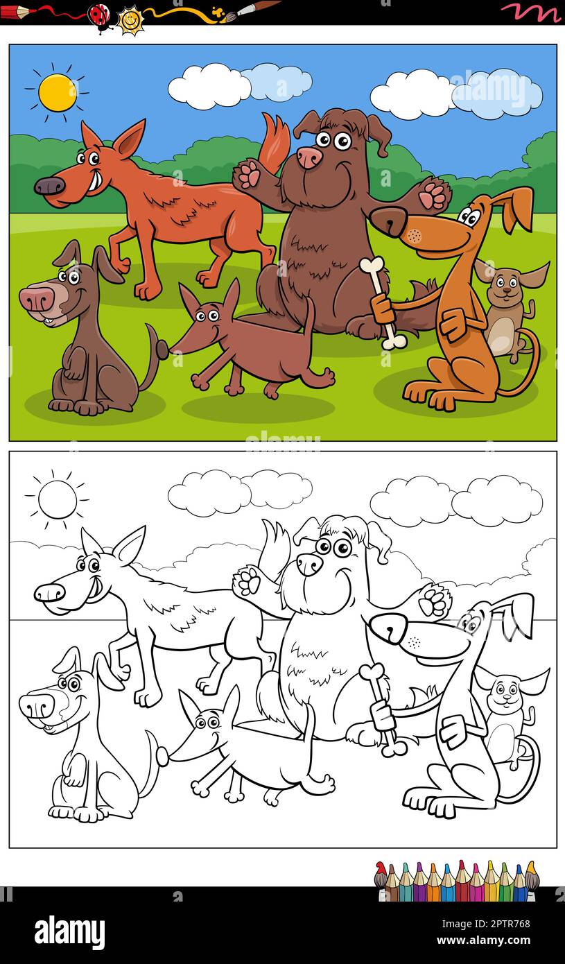 cartoon dogs animal characters group coloring page Stock Vector Image ...