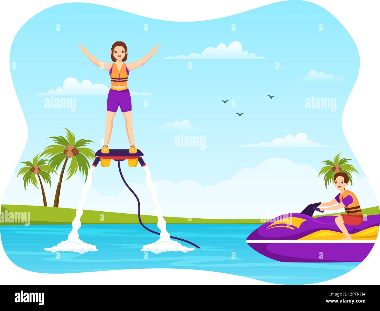 Flyboard Illustration with People Riding Jet Pack in Summer Beach ...