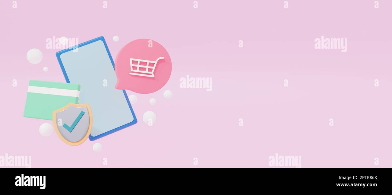 3D background banner. Secure online shopping concept. Cell phone and ...
