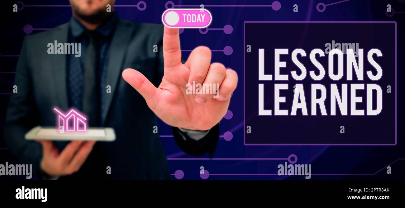 Sign displaying Lessons Learned, Business concept Promote share and use knowledge derived from ...