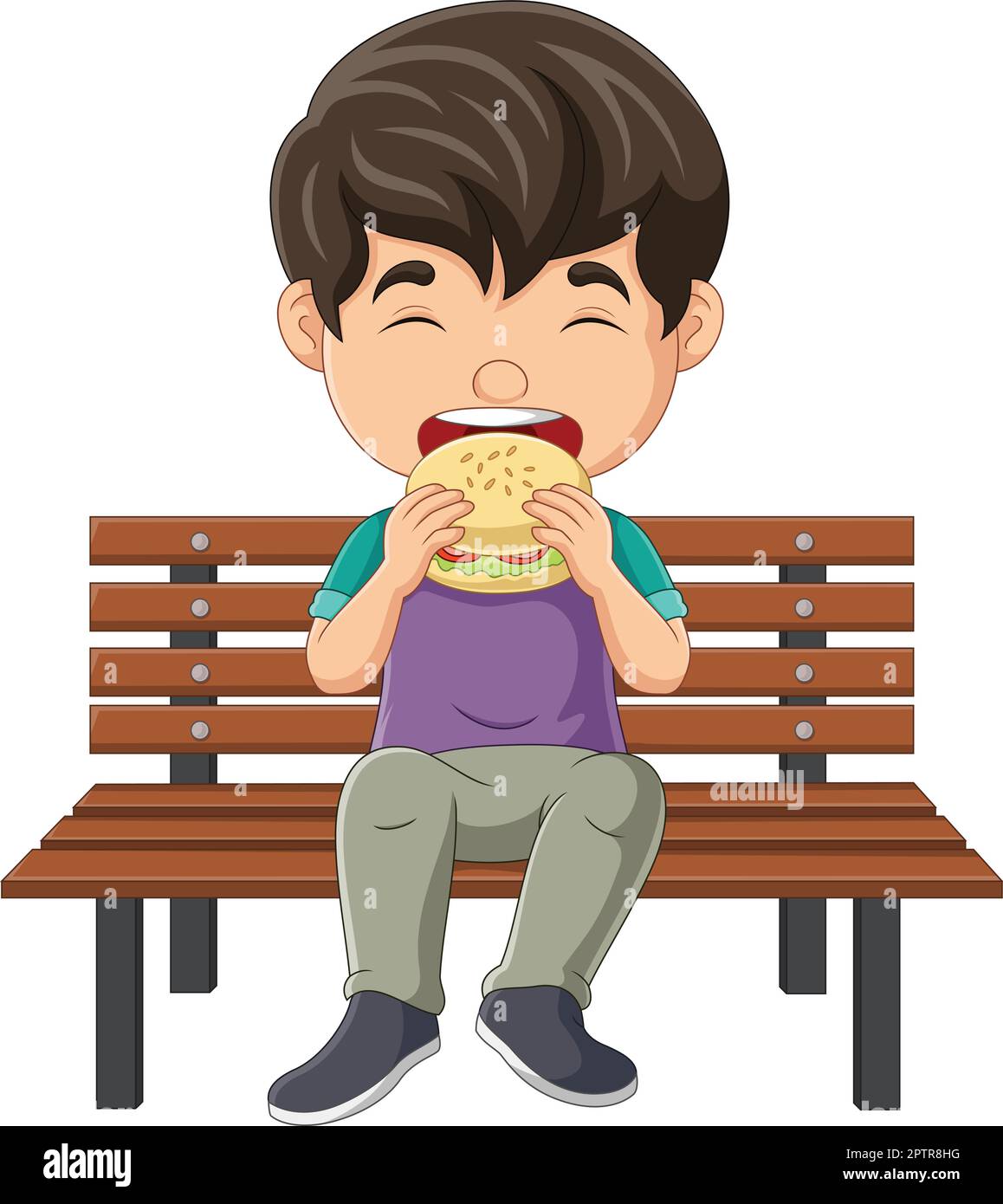 Cartoon little boy eating hamburger on bench Stock Vector Image & Art ...