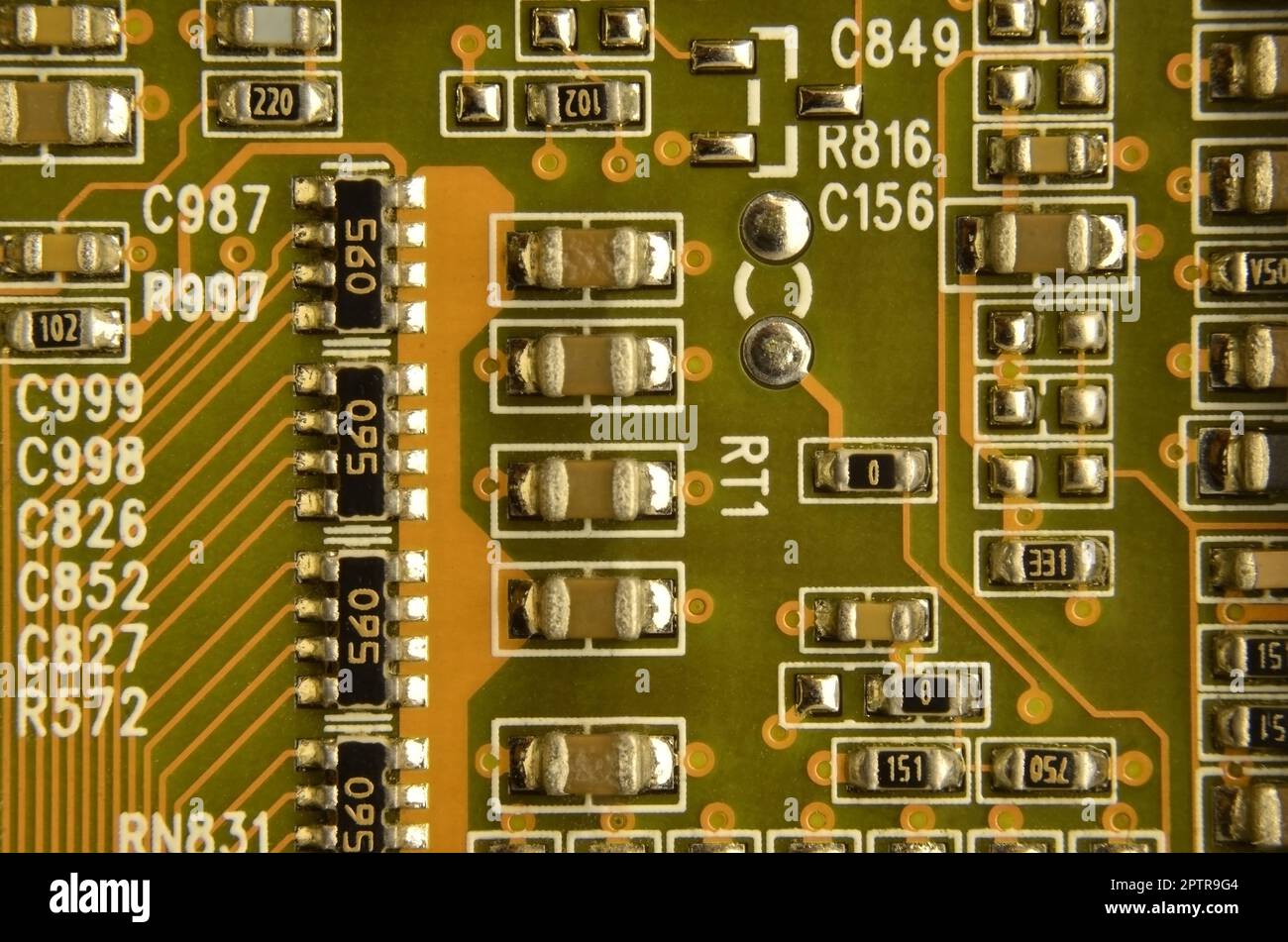 Close up of colored micro circuit board. Abstract technology background ...