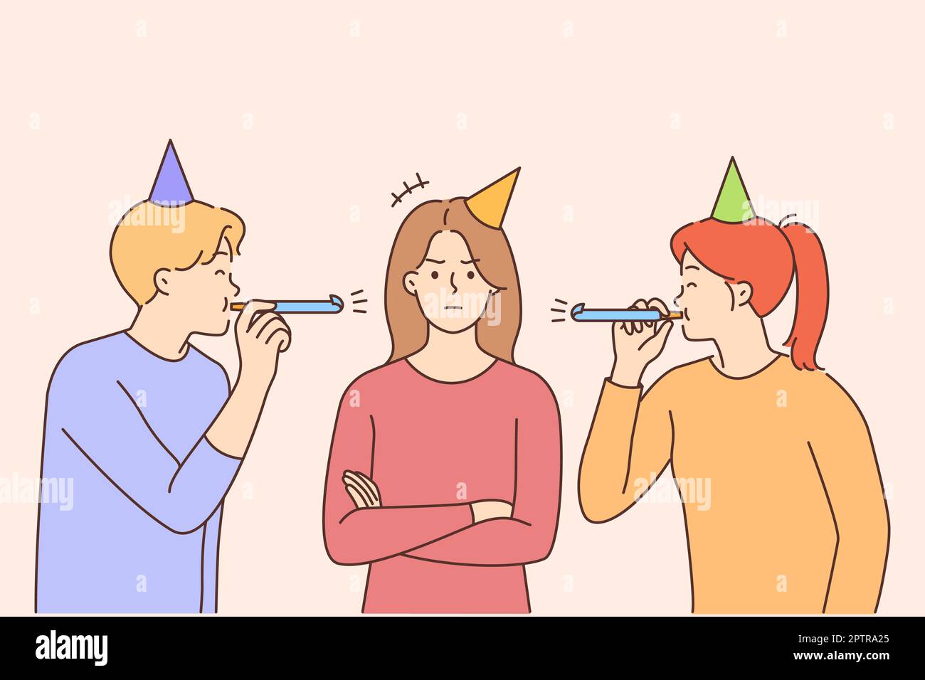 Joyful people blow in whistles congratulate unhappy girl with birthday ...
