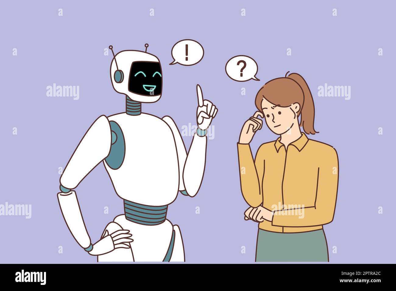 Robot brainstorm find solution help confused young woman wondering ...