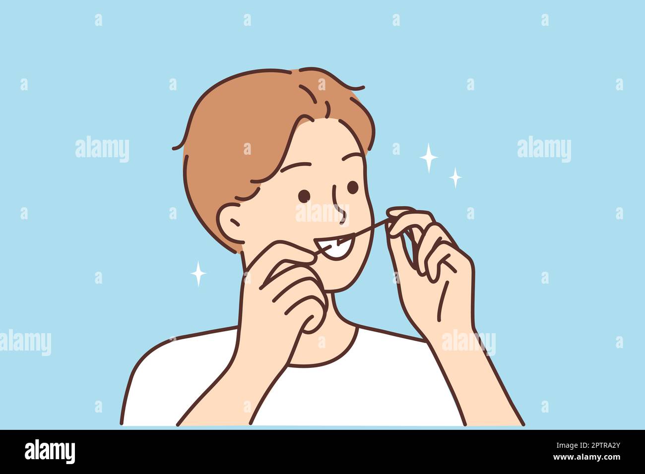 Smiling young man brushing teeth with dental floss. Happy guy take care ...