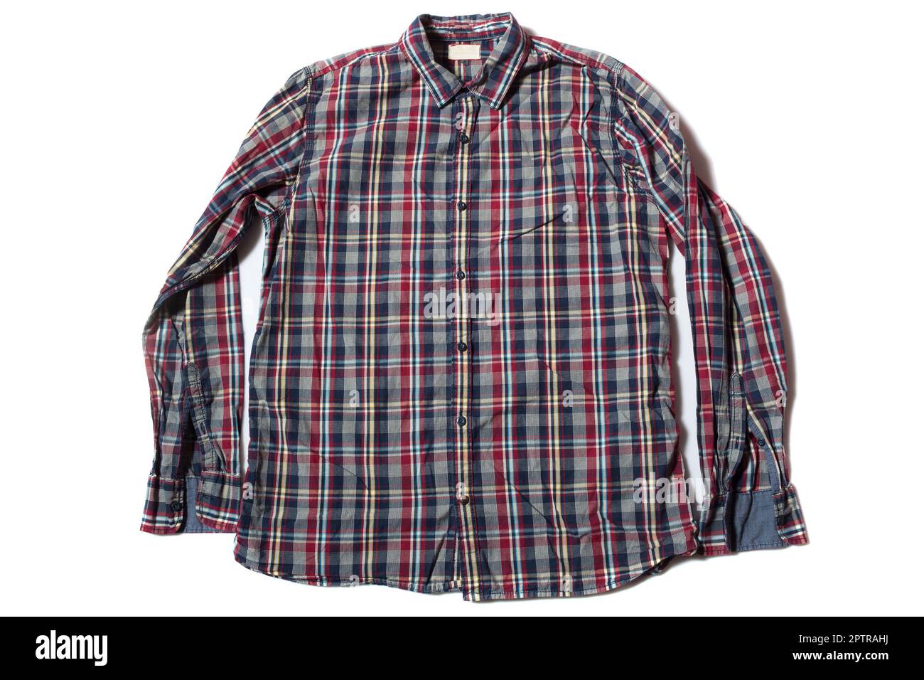 red blue check long sleeve button up mens shirt on white background ...