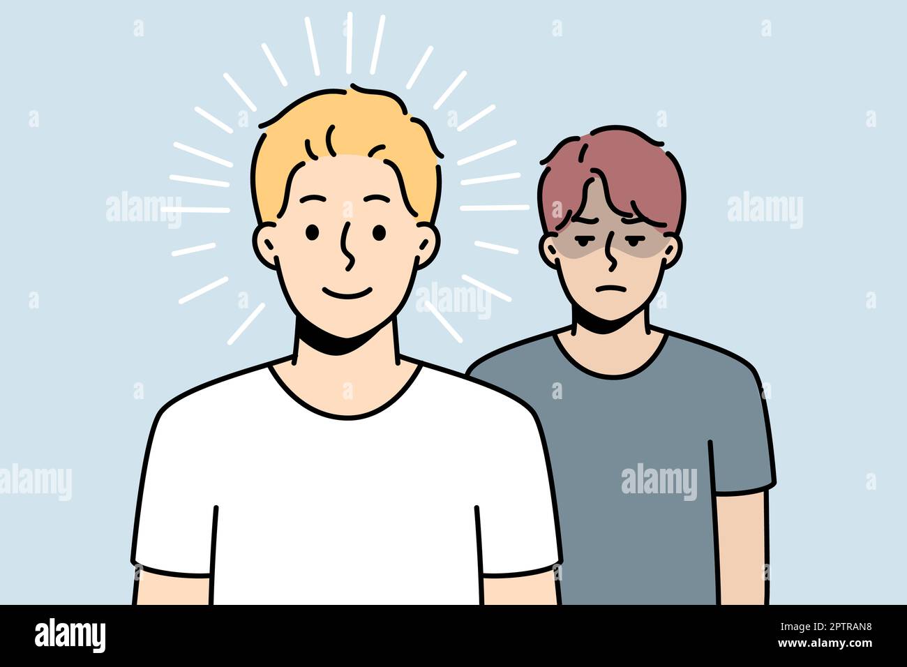 Happy guy stands in front of sad one. Gloomy man is after joyful one ...