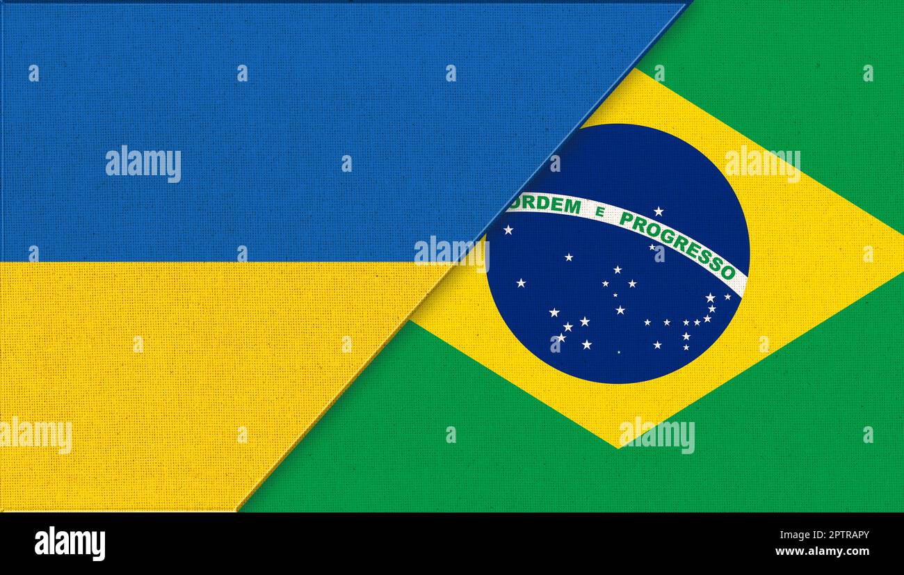 Flags of Ukraine and Brazil. Ukrainian and Brazilian flags on fabric ...