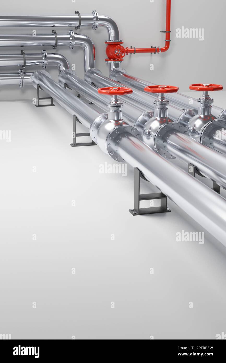 Stainless steel pipelines with red valves on white background. Digital ...