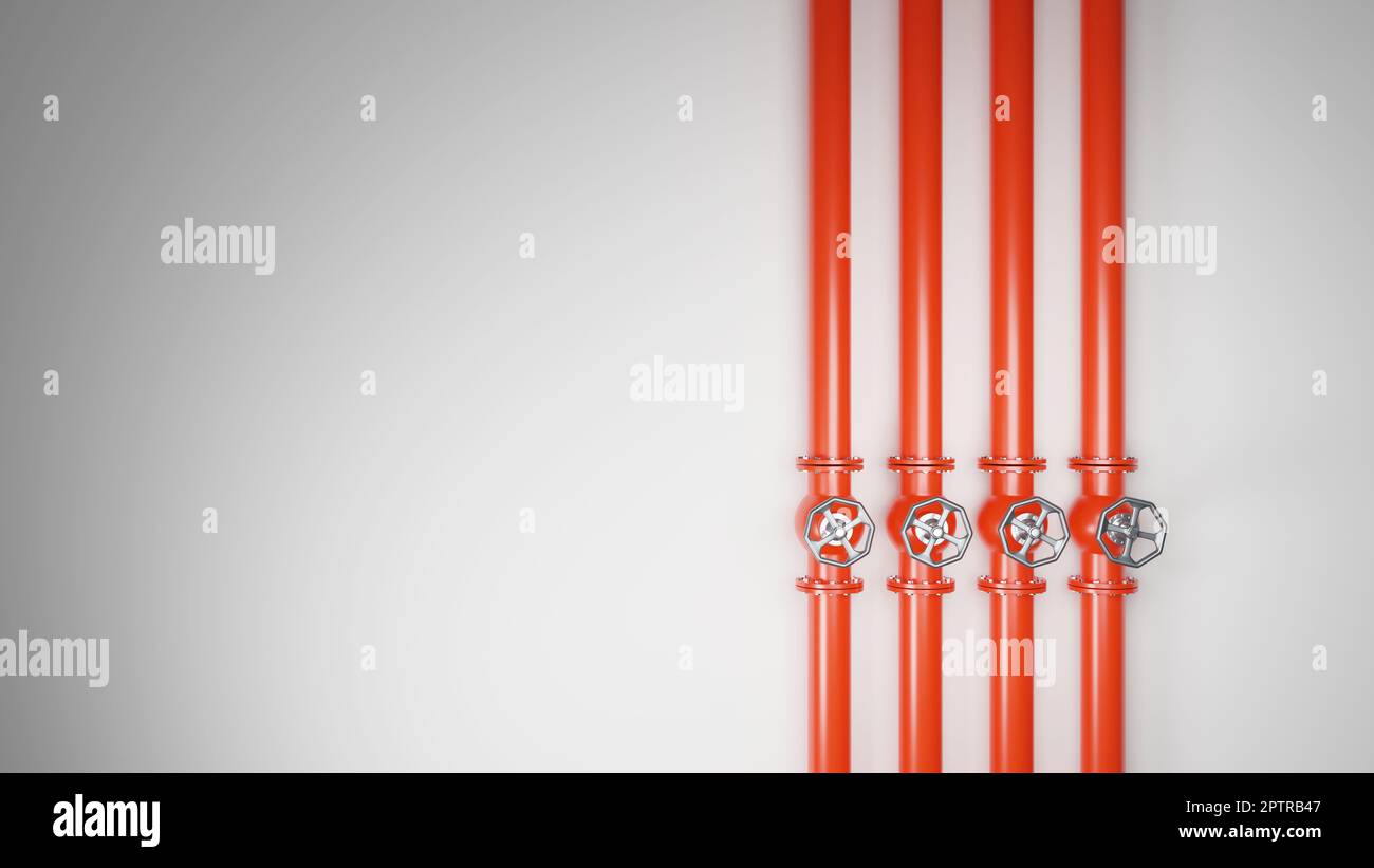 Red industrial pipelines and valves on white background. Digital 3D ...
