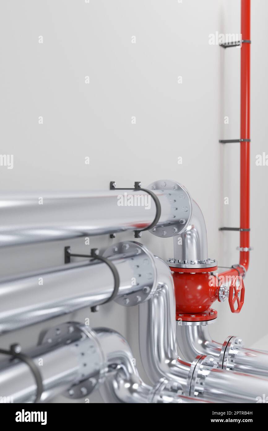 Stainless steel pipelines with red valves on white background. Digital ...