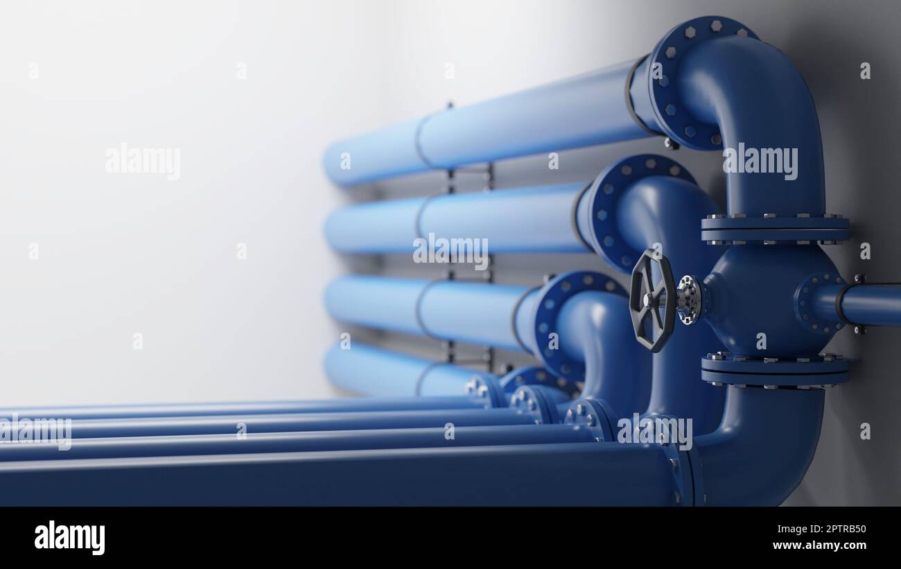 Blue industrial pipelines with valves on white background. Digital 3D ...