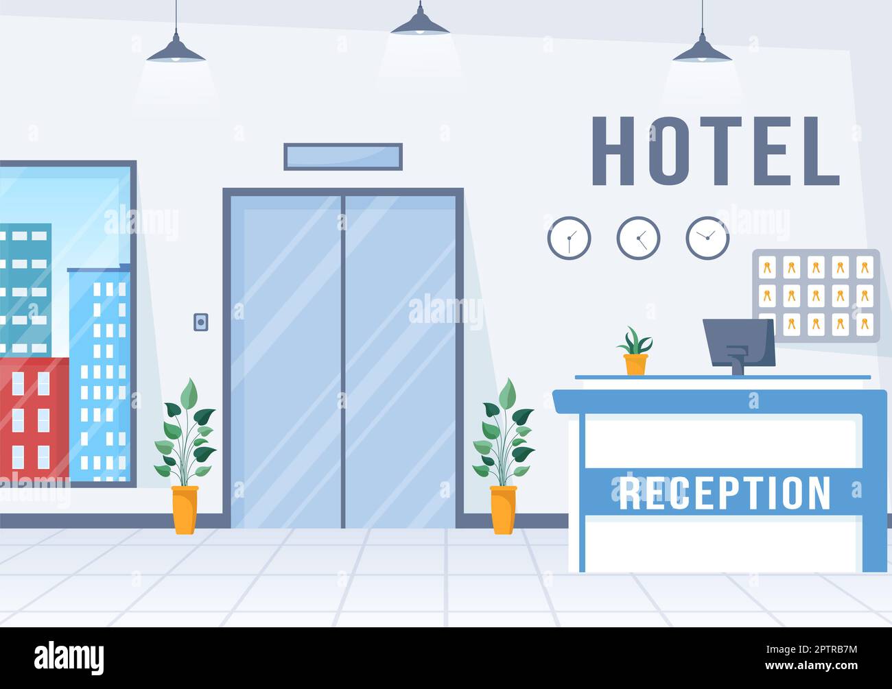 Hotel Reception Interior with Receptionist People and Travelers for ...