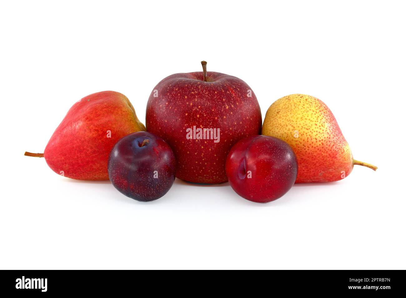 Fresh ripe pears with stem, plums and red apple isolated on white ...