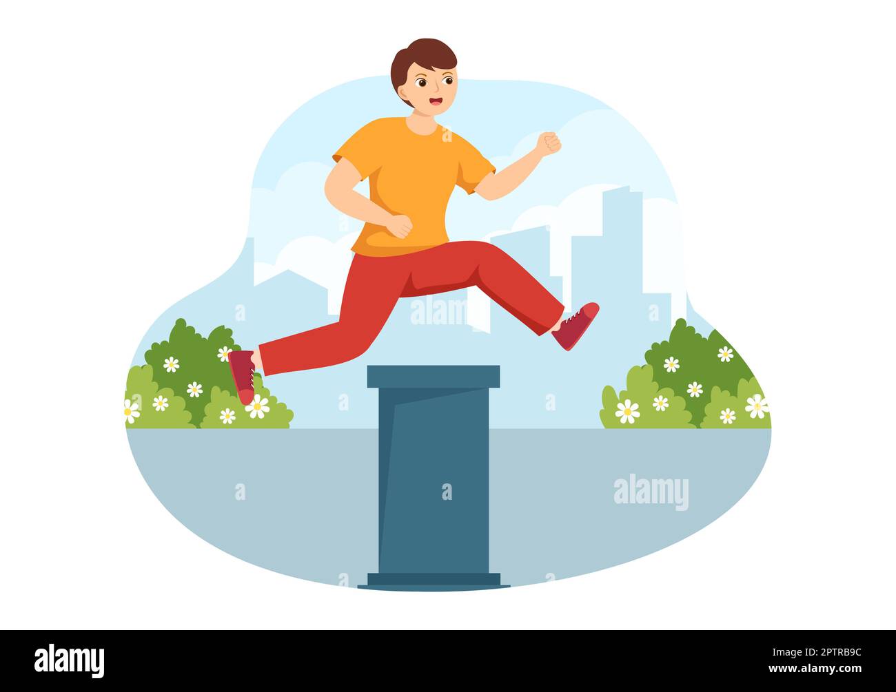 Parkour Sports with Young Men Jumping Over Walls and Barriers in City ...