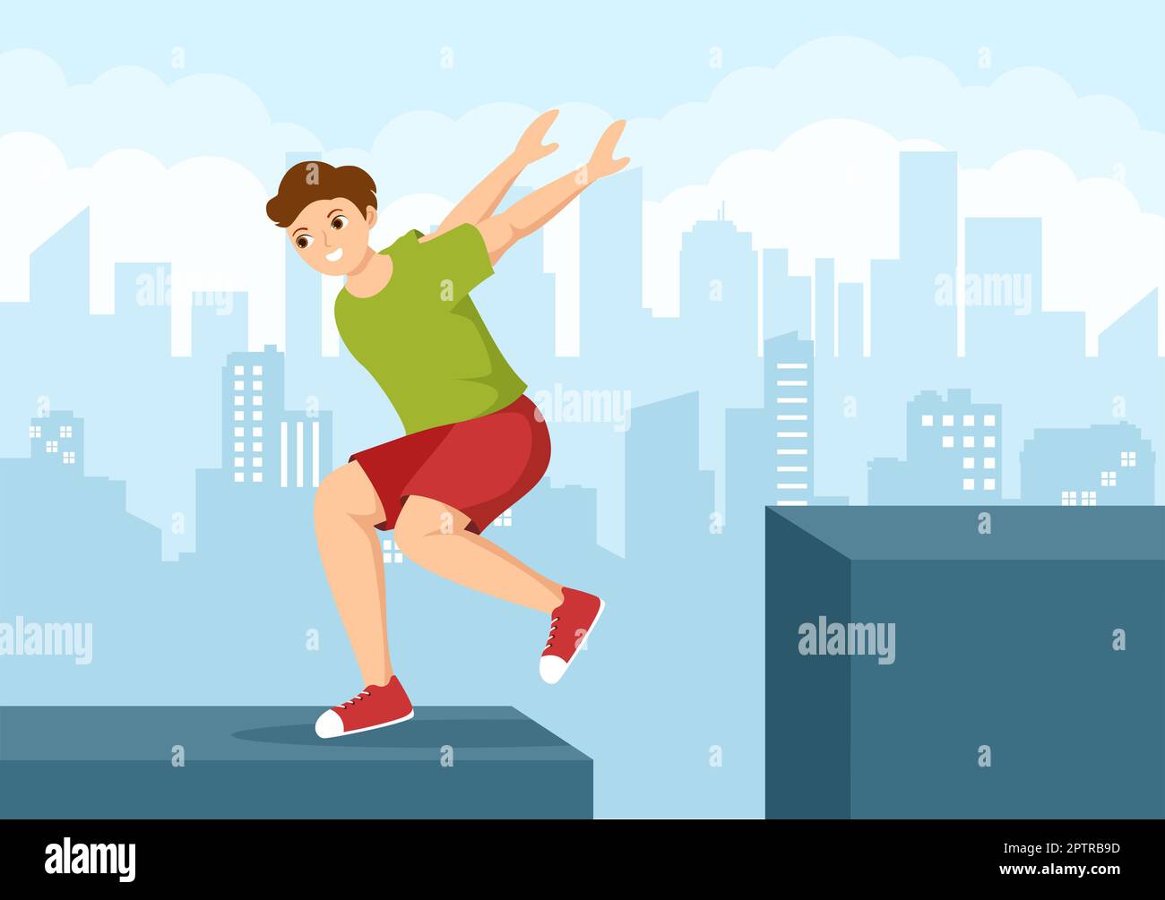 Parkour Sports with Young Men Jumping Over Walls and Barriers in City ...