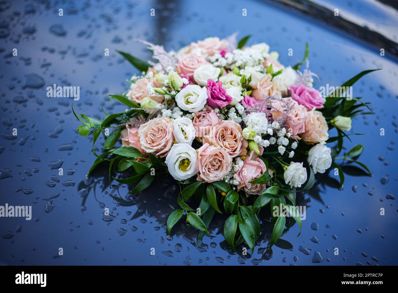 A rose bouquet on a car hood, with rain drops, wedding decoration Stock ...