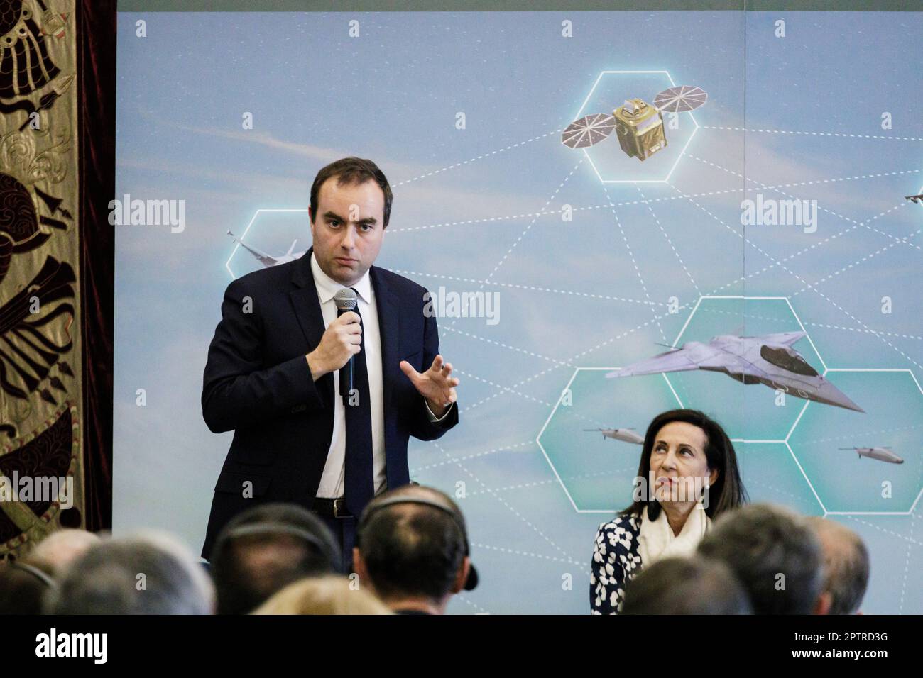 French Defense Minister Sebastien Lecornu speaks during the signing of ...