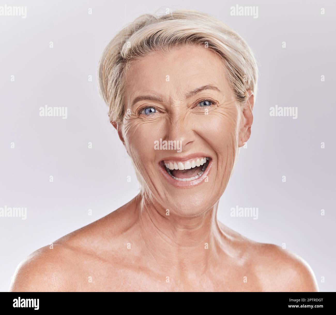 Skincare, wellness and face of senior woman with big smile in beauty ...