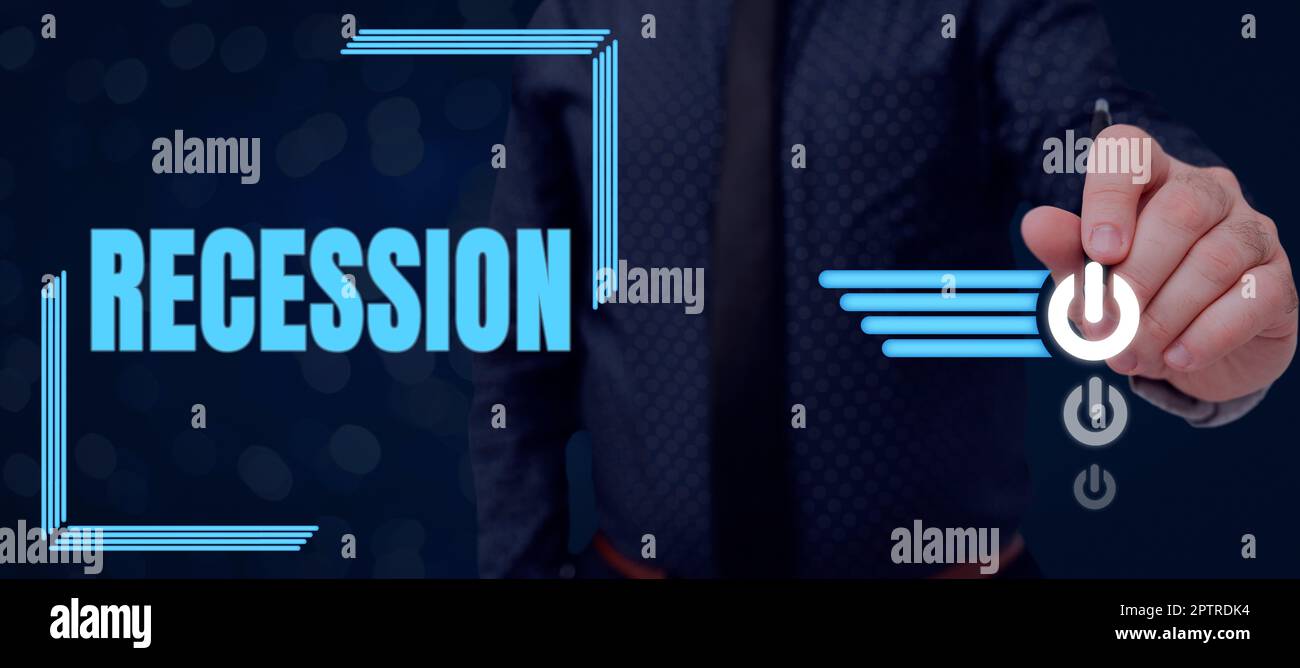 Conceptual caption Recession, Word Written on the process of progressive decrease in growing ...