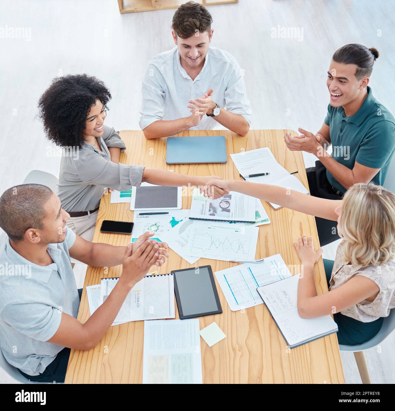 Teamwork, handshake and applause with a team in collaboration and ...